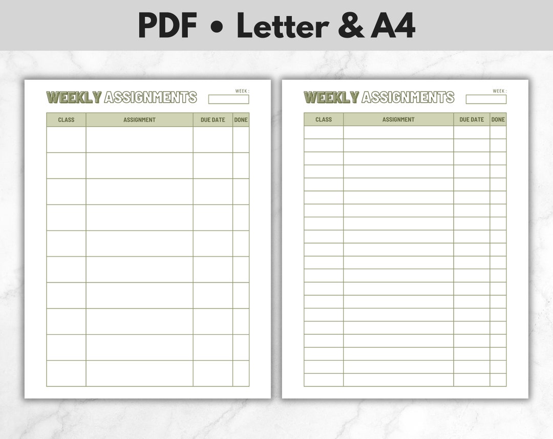 Printable Weekly Assignment Tracker Green, Letter, A4, Homework ...