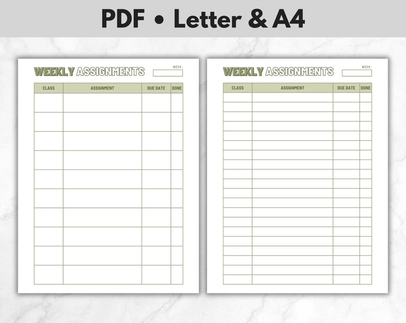 Printable Weekly Assignment Tracker Green, Letter, A4, Homework ...