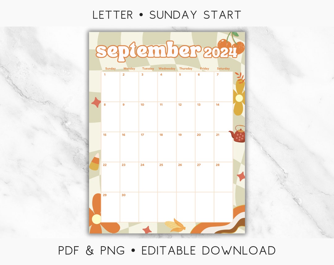 Editable September 2024 Calendar Printable, Retro September 2024 ...