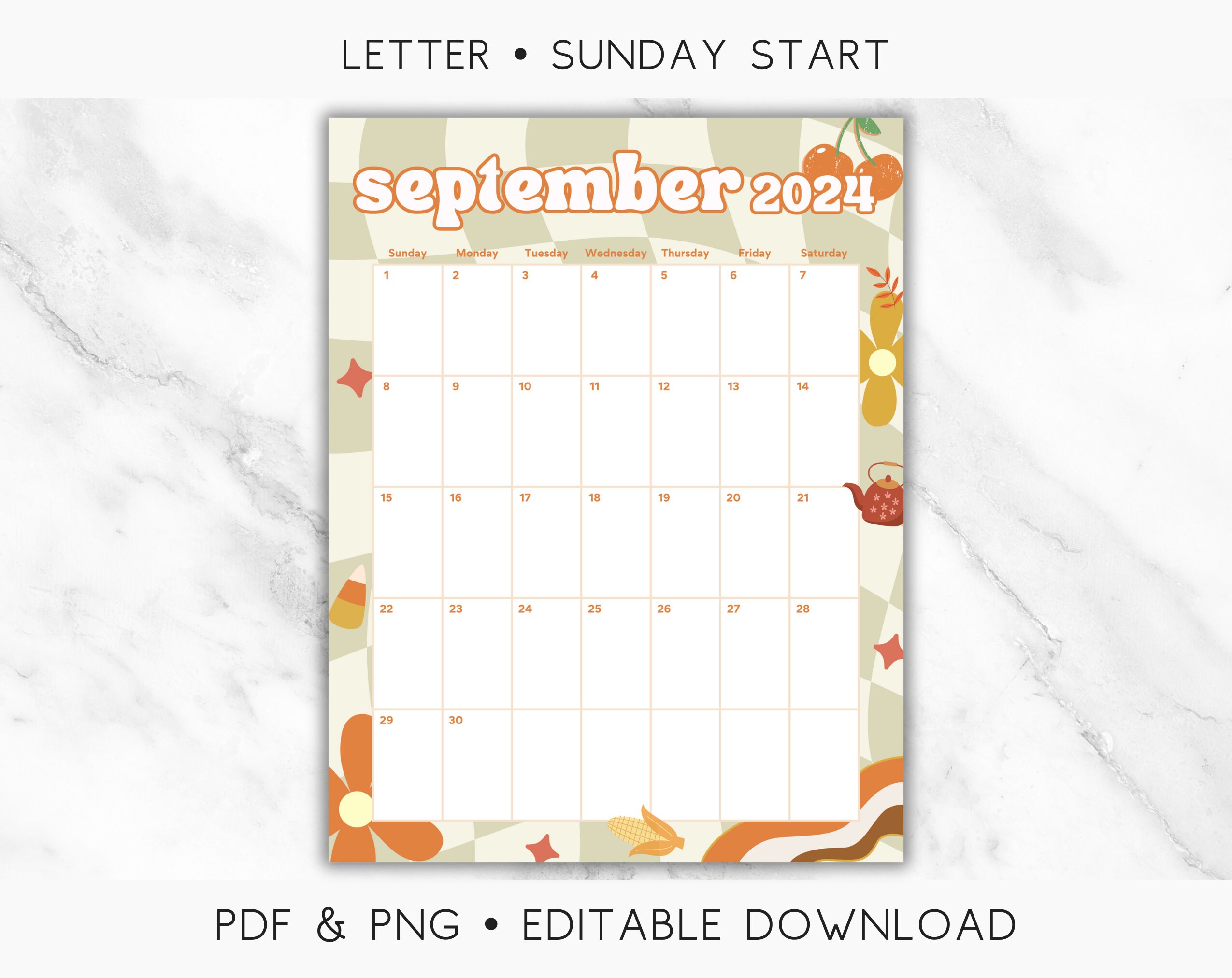 Editable September 2024 Calendar Printable, Retro September 2024 ...