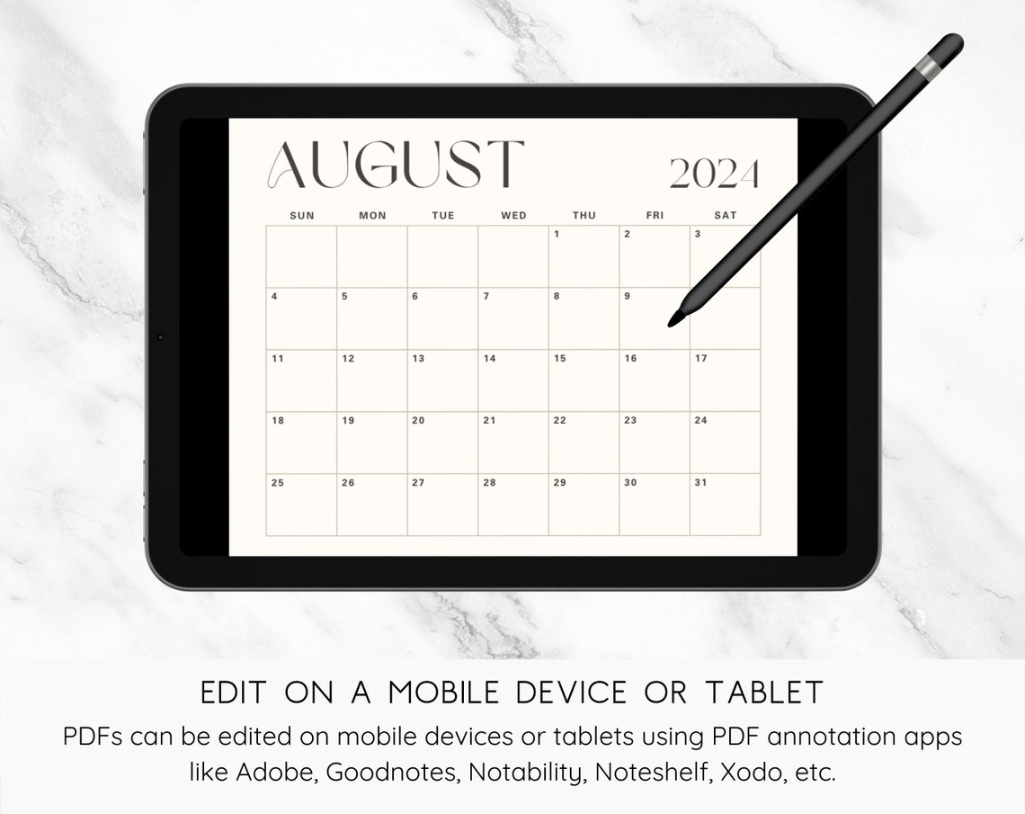 Editable August 2024 Calendar Printable, Simple Modern August 2024 ...