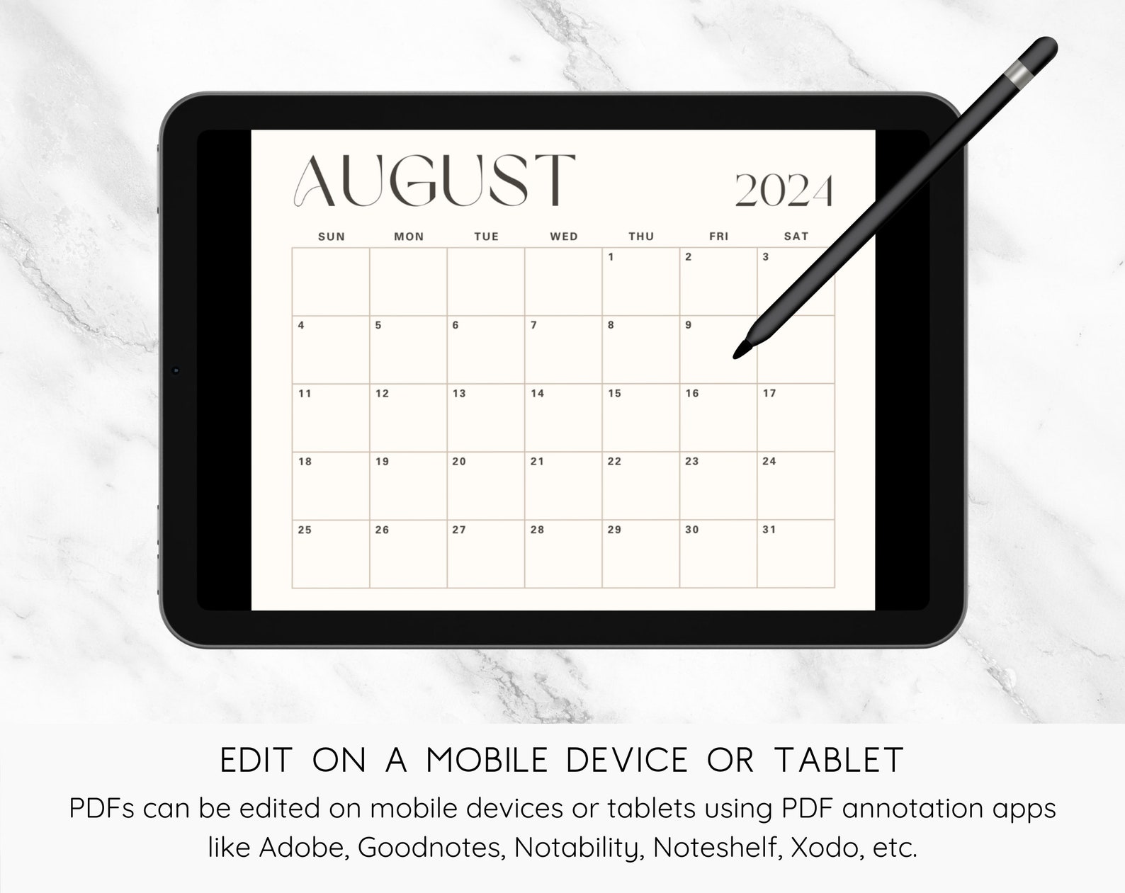 Editable August 2024 Calendar Printable, Simple Modern August 2024 ...