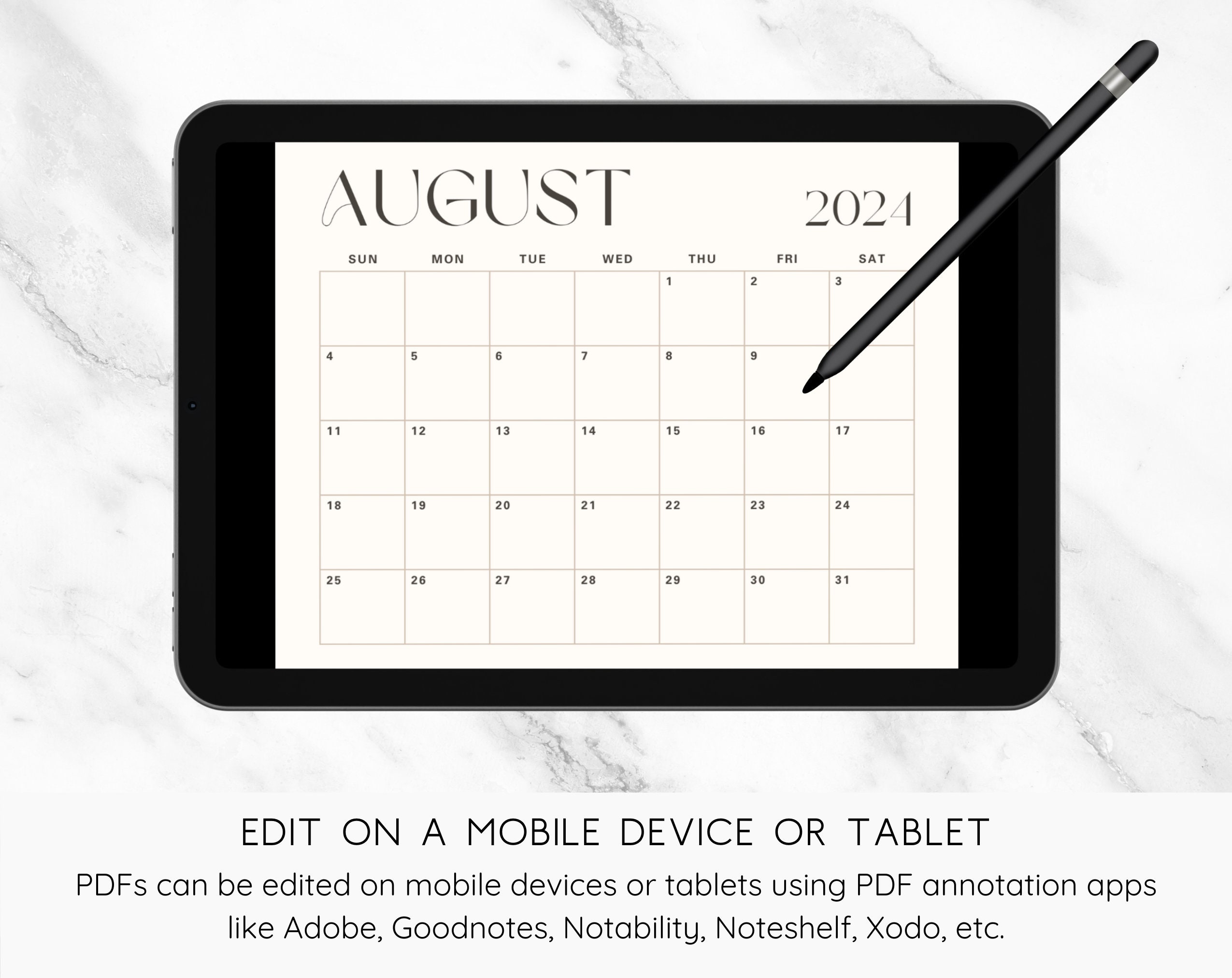 Editable August 2024 Calendar Printable, Simple Modern August 2024 ...