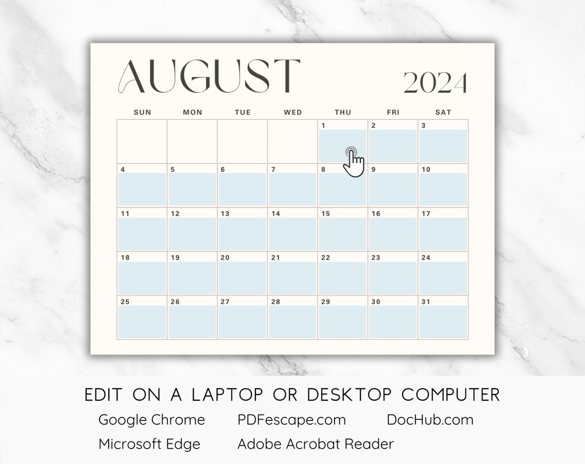 Editable August 2024 Calendar Printable, Simple Modern August 2024 ...