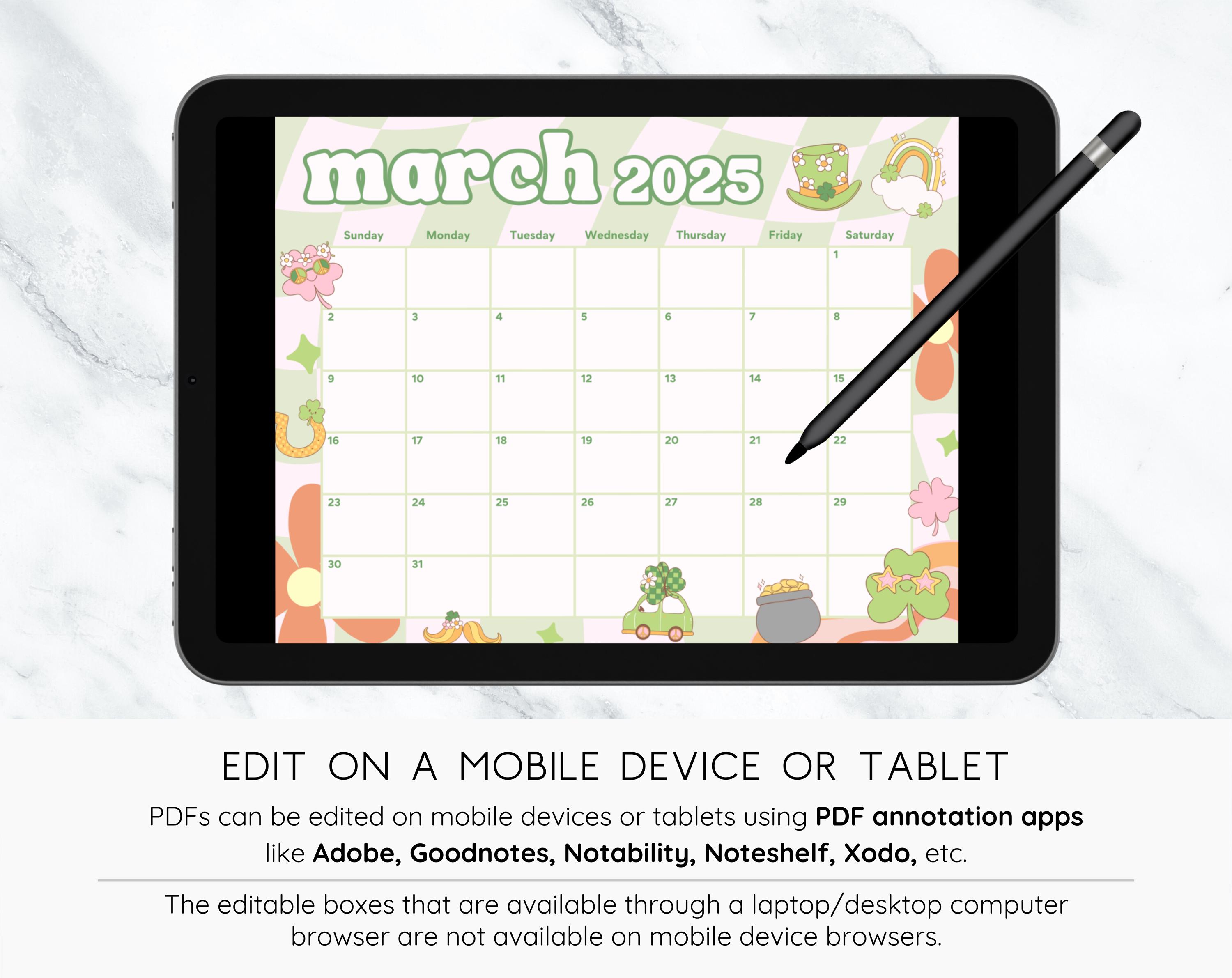 Editable March 2025 Calendar Printable, Retro March 2025 Printable ...