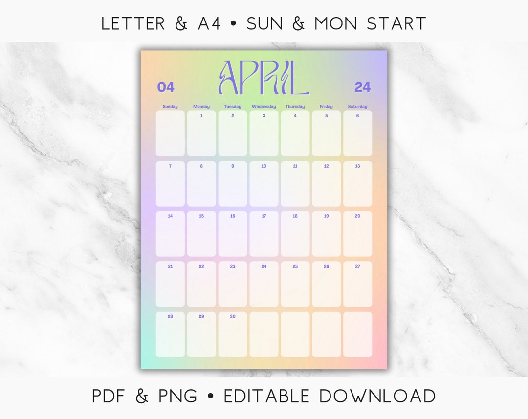 Editable April 2024 Calendar Printable, Groovy Retro April 2024 ...