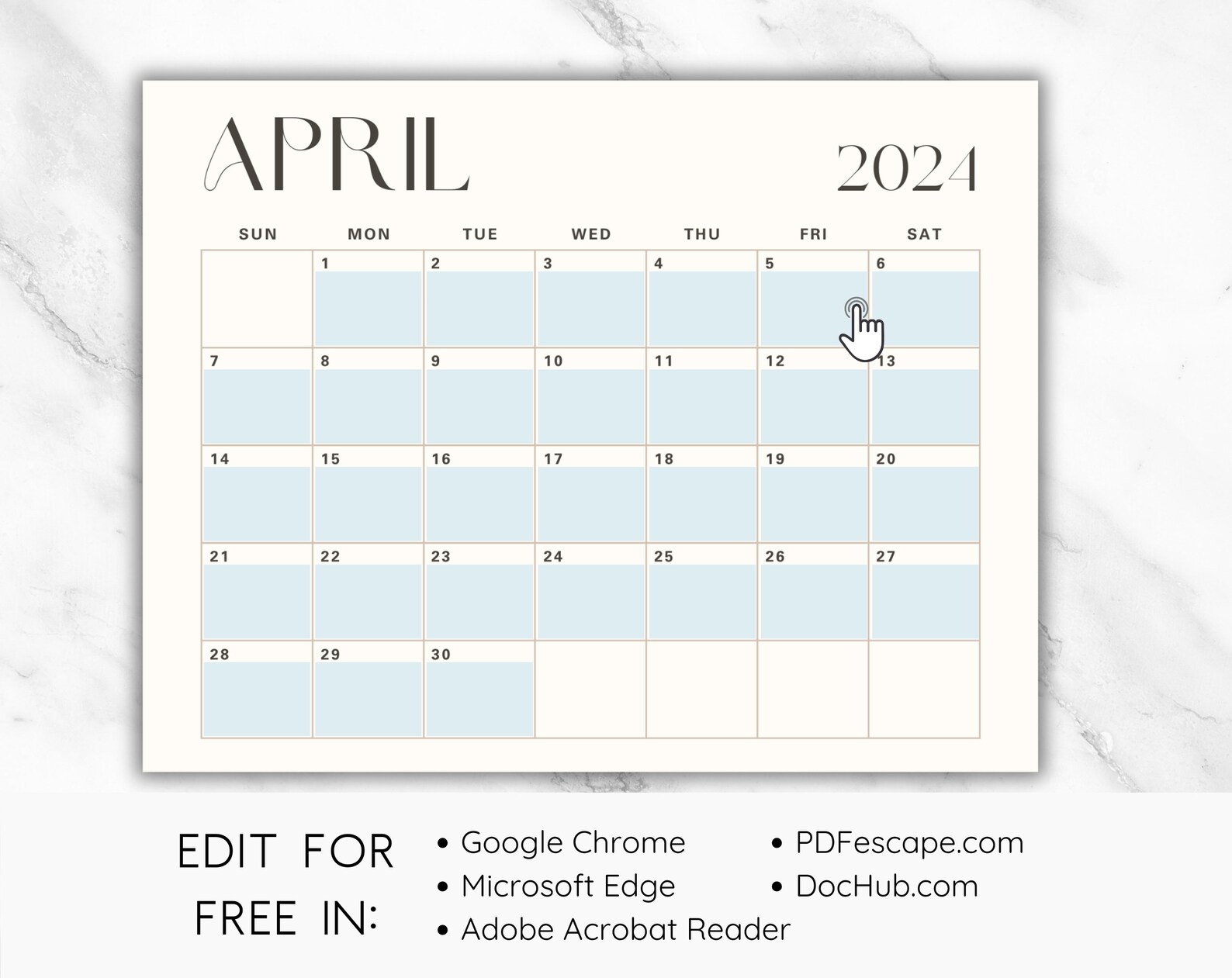 Editable April 2024 Calendar Printable, Simple Modern April 2024 ...