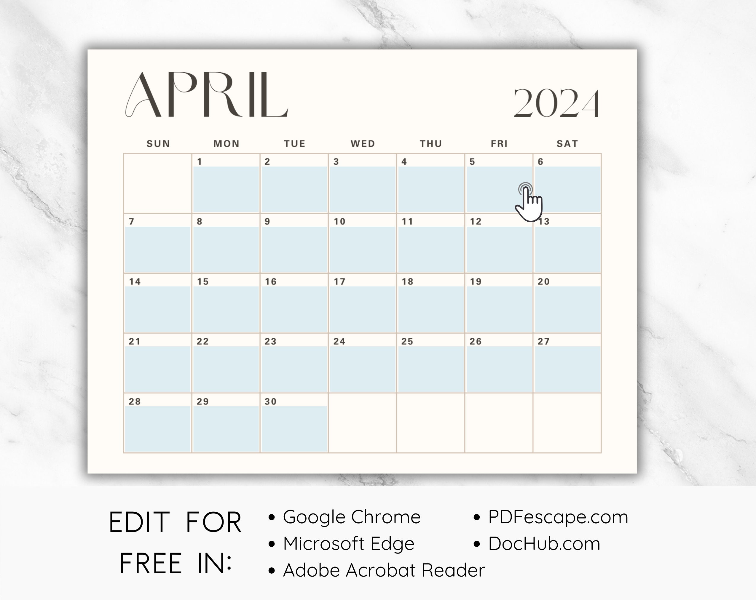 Editable April 2024 Calendar Printable, Simple Modern April 2024 ...