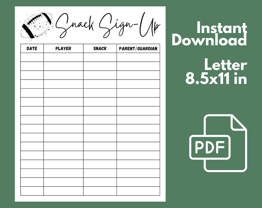 Football Snack Sign up Sheet, Team Snack Sign up Sheet, Letter, Instant ...