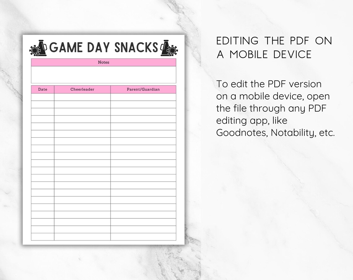 Editable Cheer Snack Sign up Sheet, Editable PDF & Google Doc, Game Day ...
