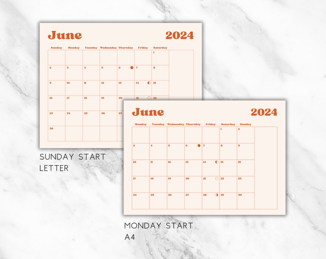 Editable June 2024 Calendar Printable With Moon Phases, Letter, A4 ...