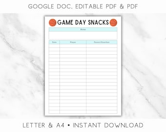 Editable Basketball Snack Sign up Sheet - Etsy