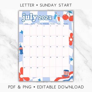Editable July 2024 Calendar Printable, Retro July 2024 Printable ...