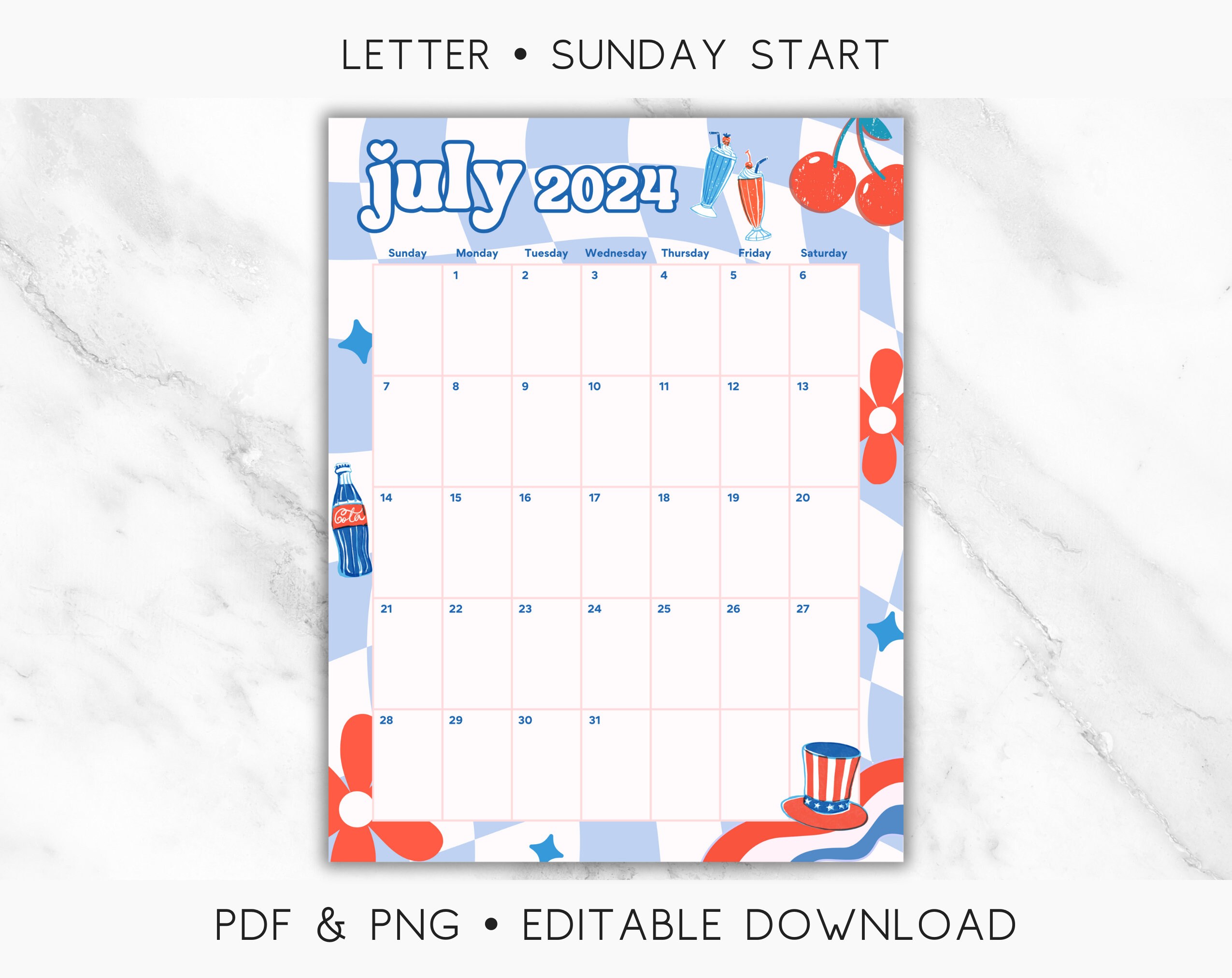 Editable July 2024 Calendar Printable, Retro July 2024 Printable ...