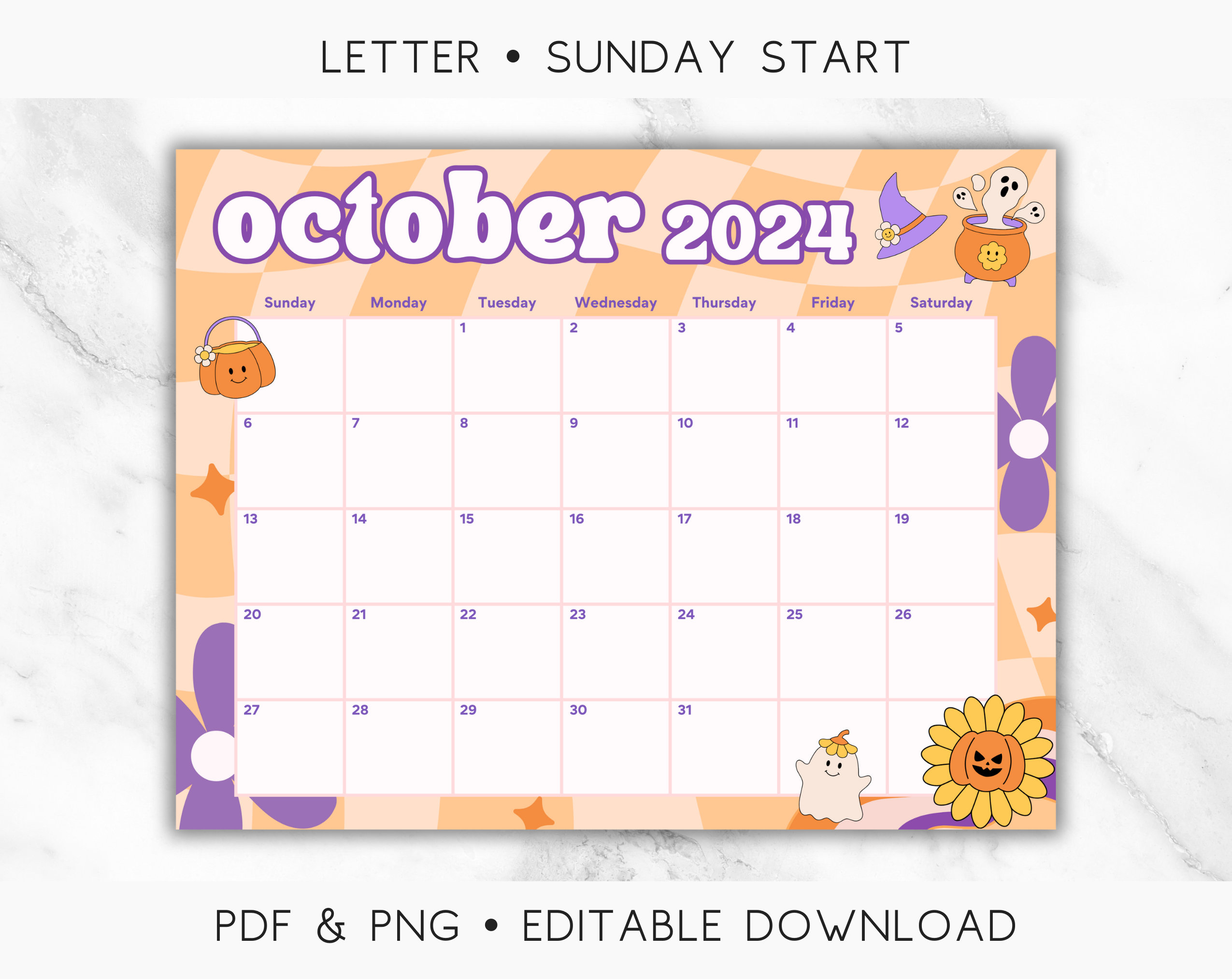 Editable October 2024 Calendar Printable, Retro October 2024 Printable ...