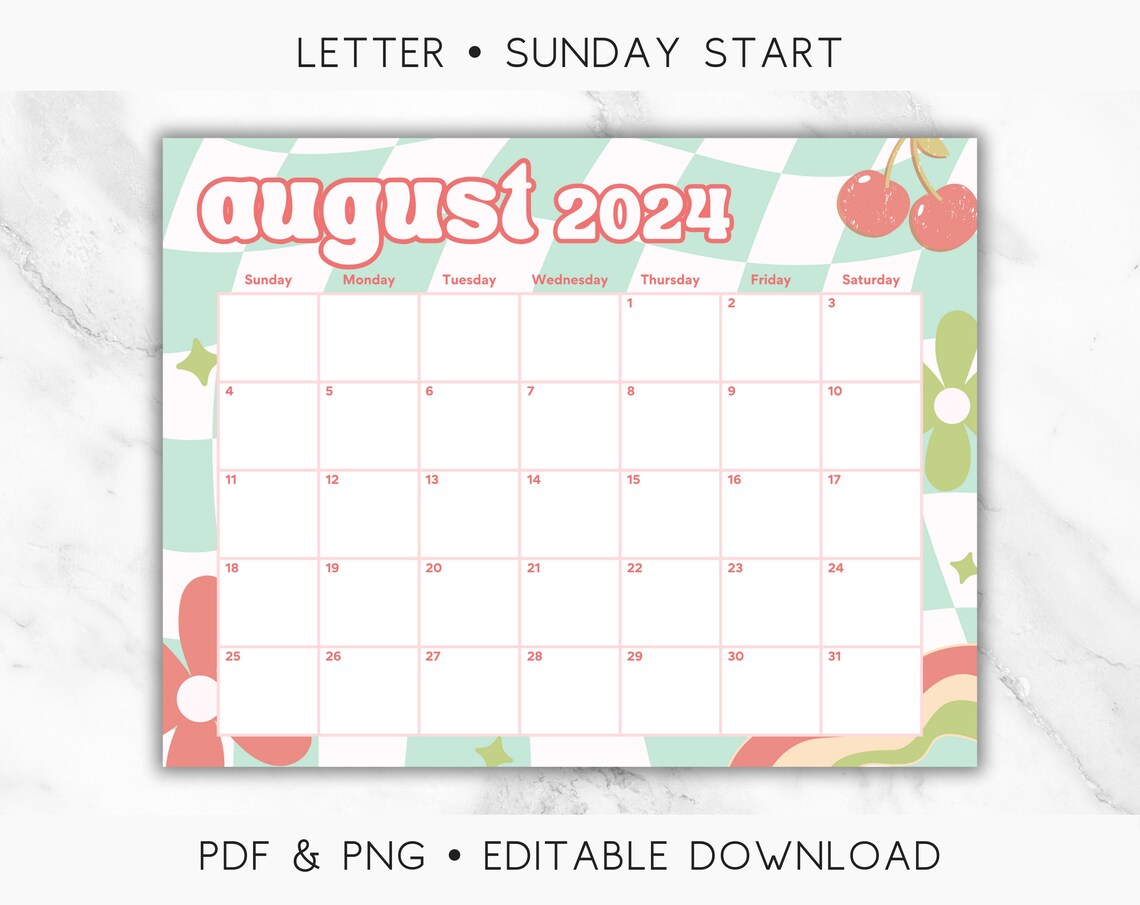 Editable August 2024 Calendar Printable, Retro August 2024 Printable ...