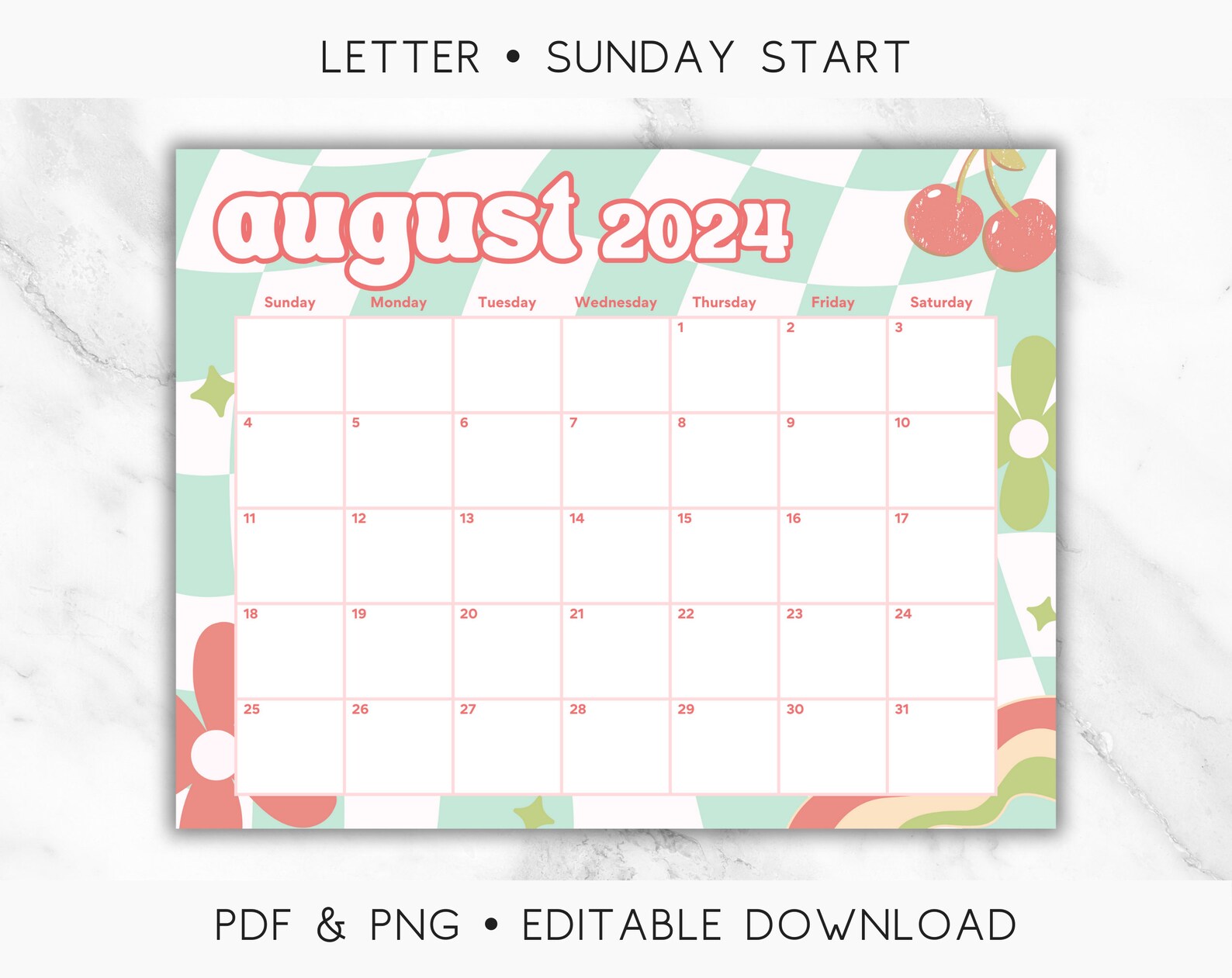 Editable August 2024 Calendar Printable, Retro August 2024 Printable ...