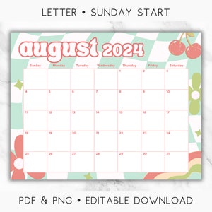 Editable August 2024 Calendar Printable, Retro August 2024 Printable ...