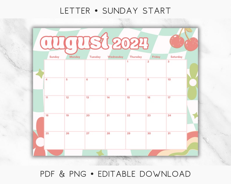 Editable August 2024 Calendar Printable, Retro August 2024 Printable ...