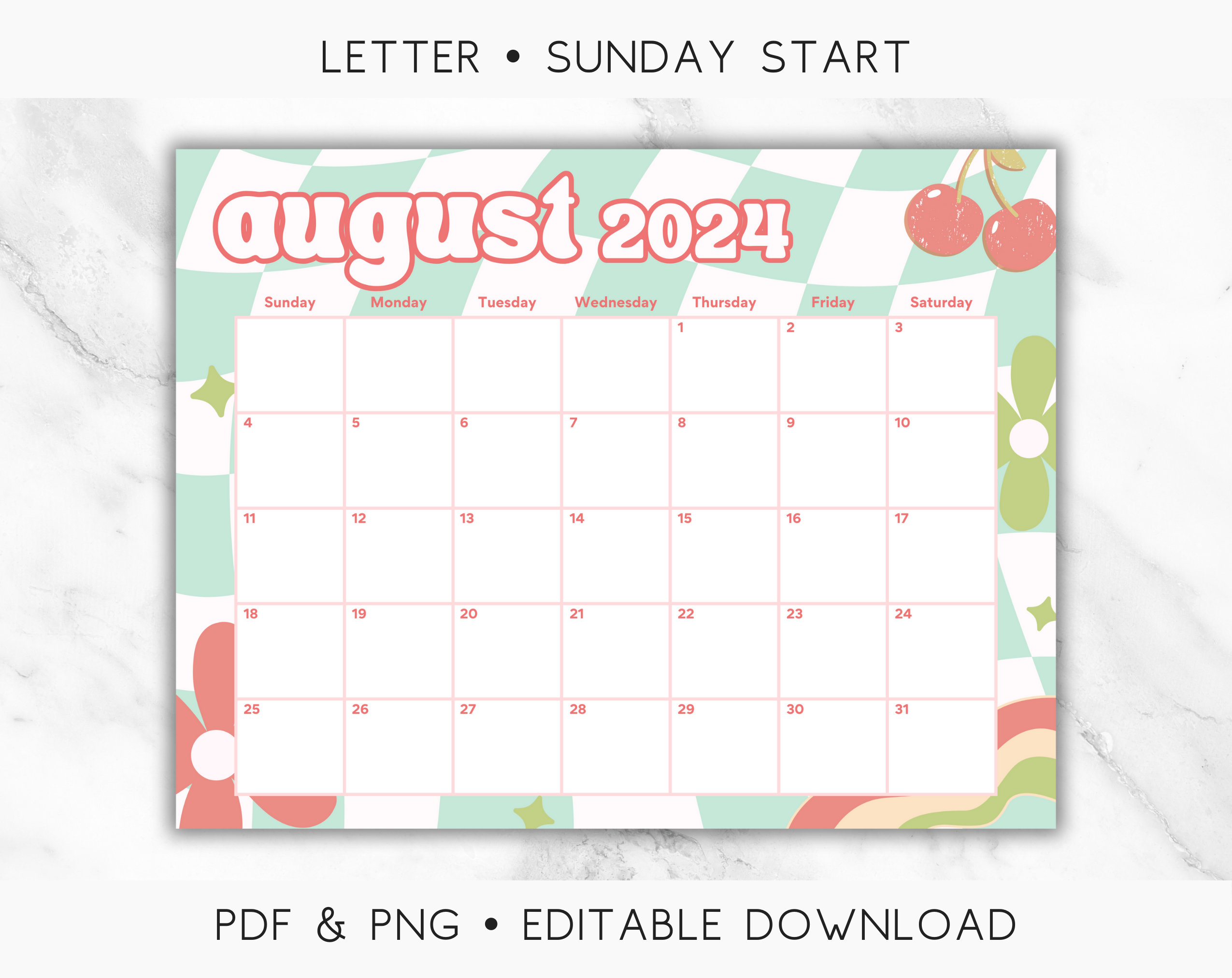 Editable August 2024 Calendar Printable, Retro August 2024 Printable ...