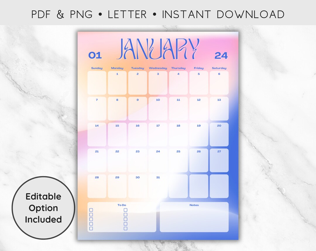 Editable January 2024 Calendar Printable, Retro January 2024 Printable ...