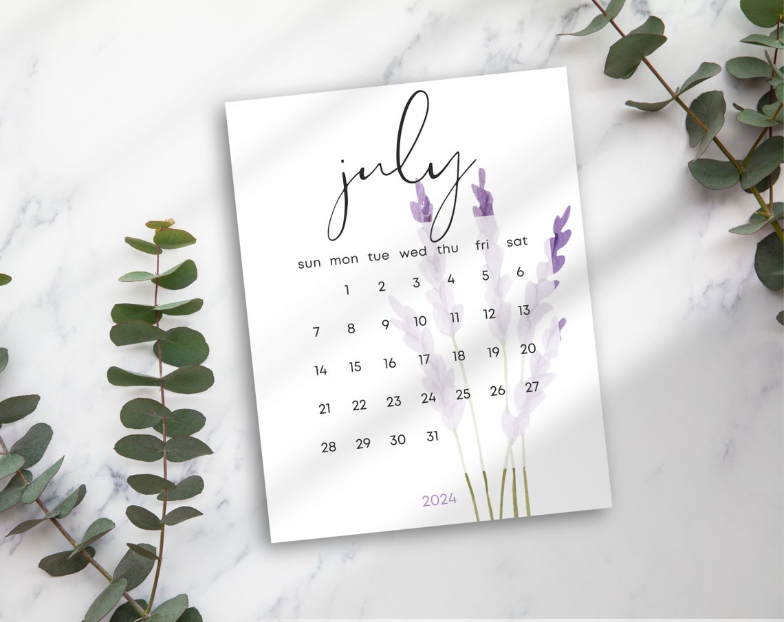 Floral July 2024 Calendar Printable, Watercolor Flowers July 2024 ...