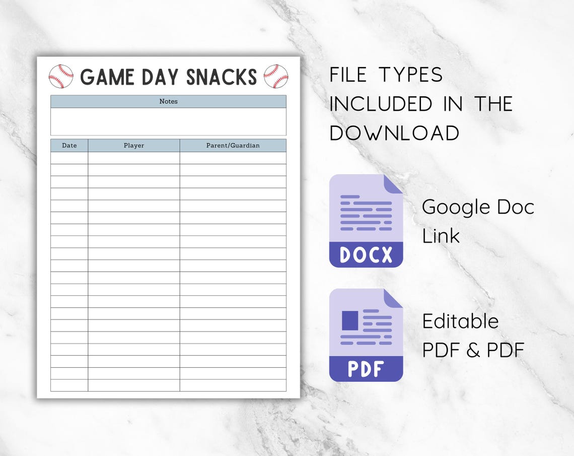 Editable Baseball Snack Sign up Sheet, Editable PDF & Google Doc, Game ...