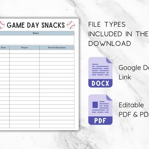 Editable Baseball Snack Sign up Sheet, Editable PDF & Google Doc, Game ...