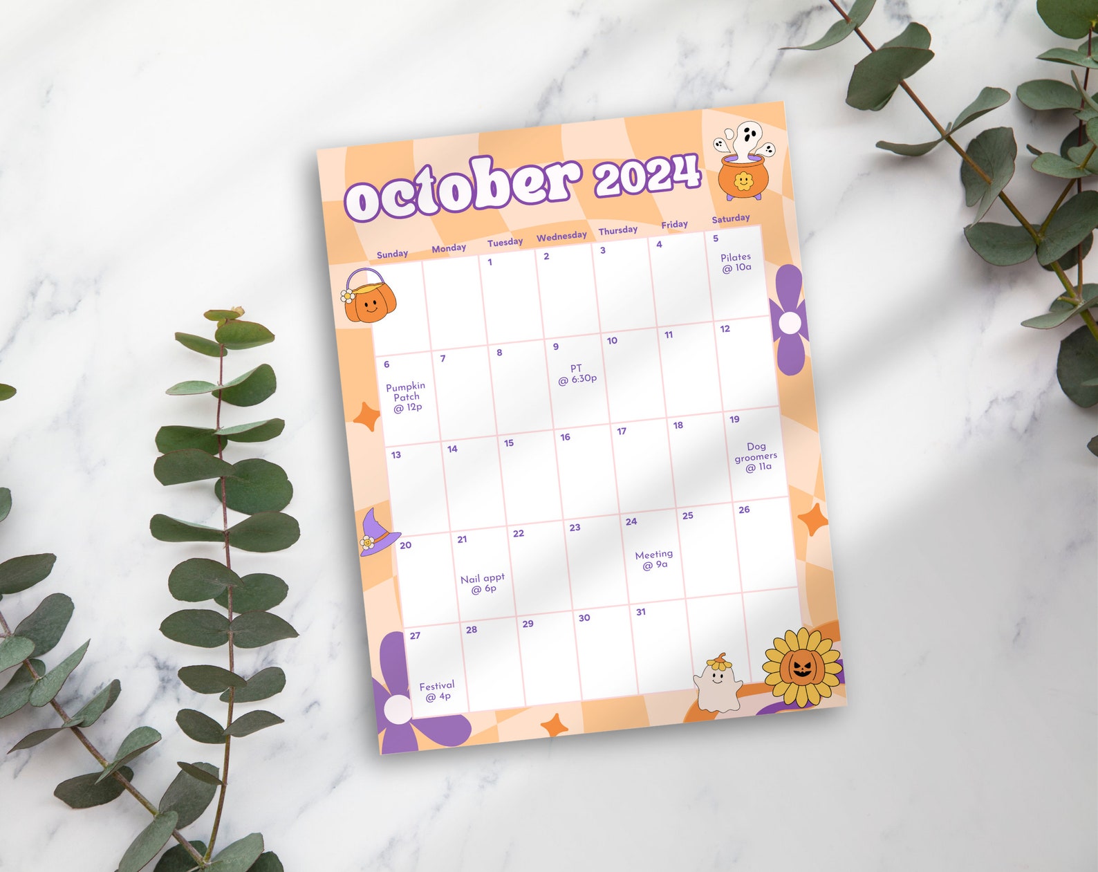 Editable October 2024 Calendar Printable, Retro October 2024 Printable ...