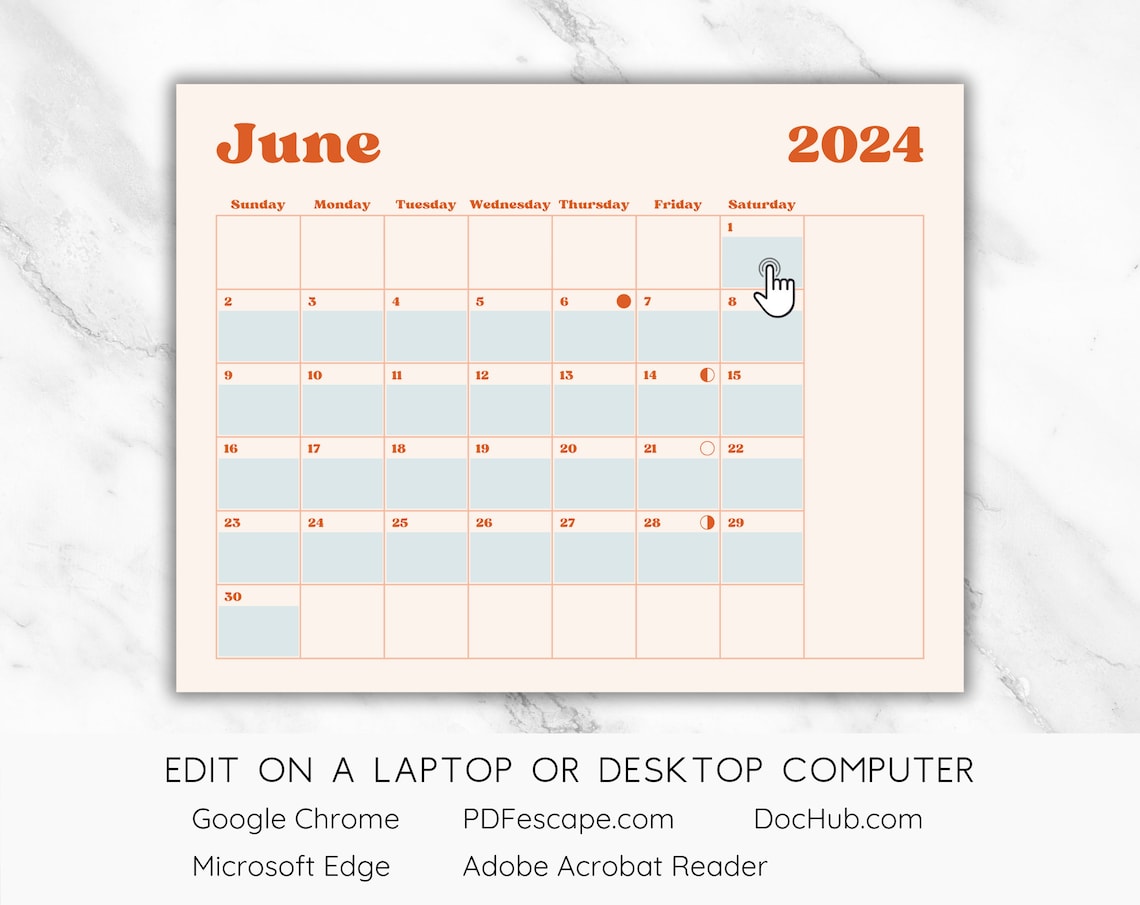 Editable June 2024 Calendar Printable With Moon Phases, Letter, A4 ...