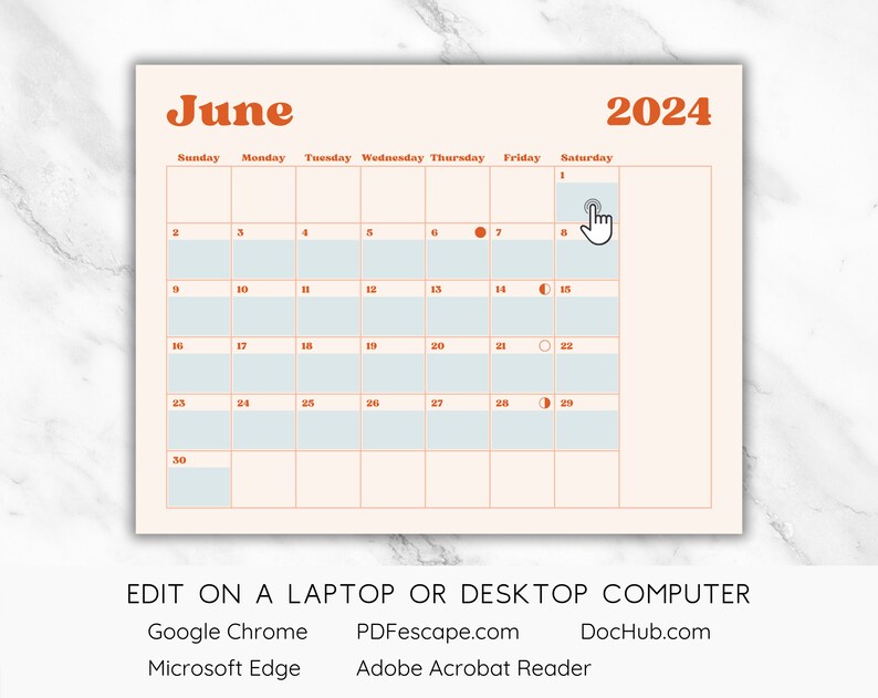 Editable June 2024 Calendar Printable With Moon Phases, Letter, A4 ...