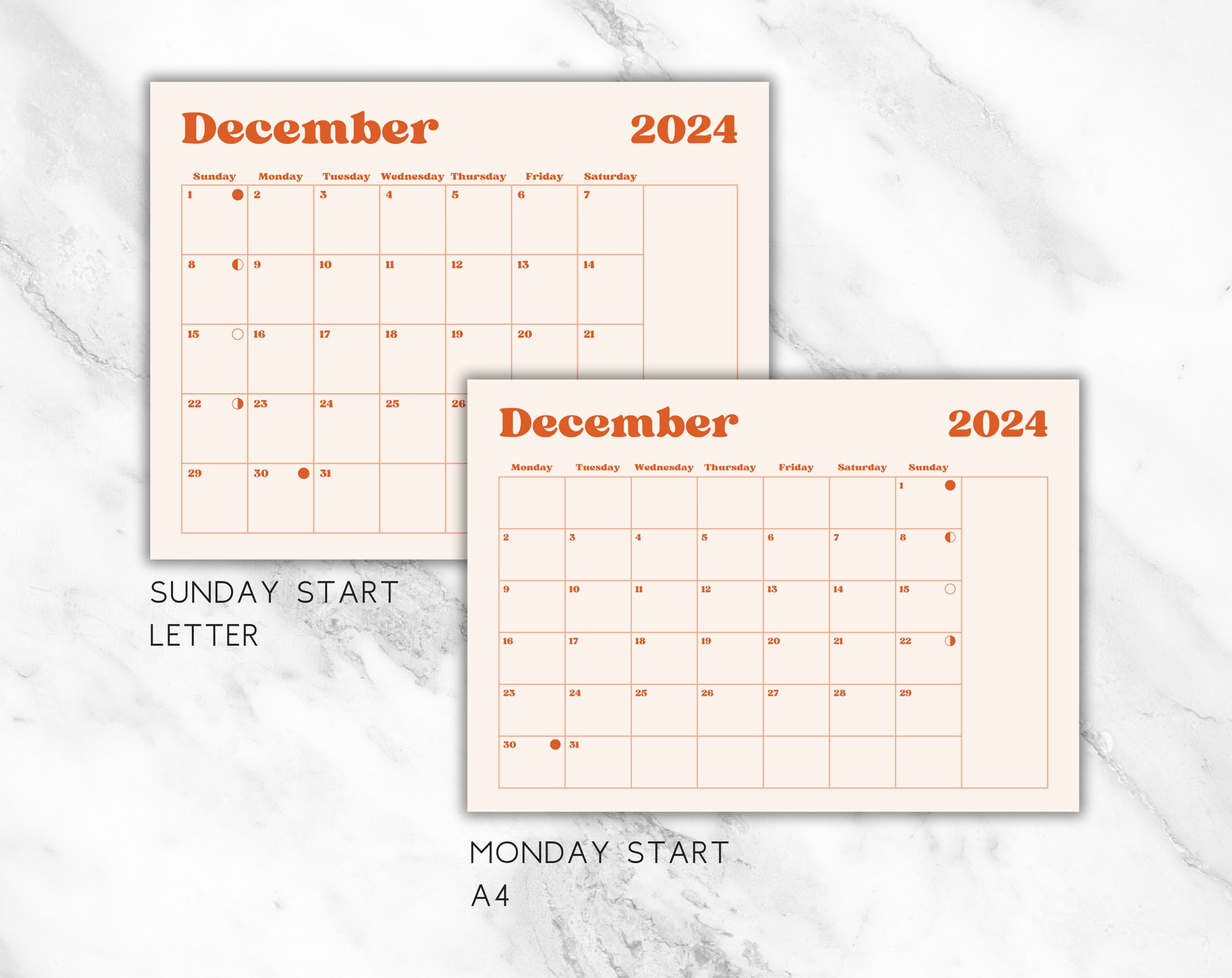 Editable December 2024 Calendar Printable With Moon Phases, Letter, A4 ...