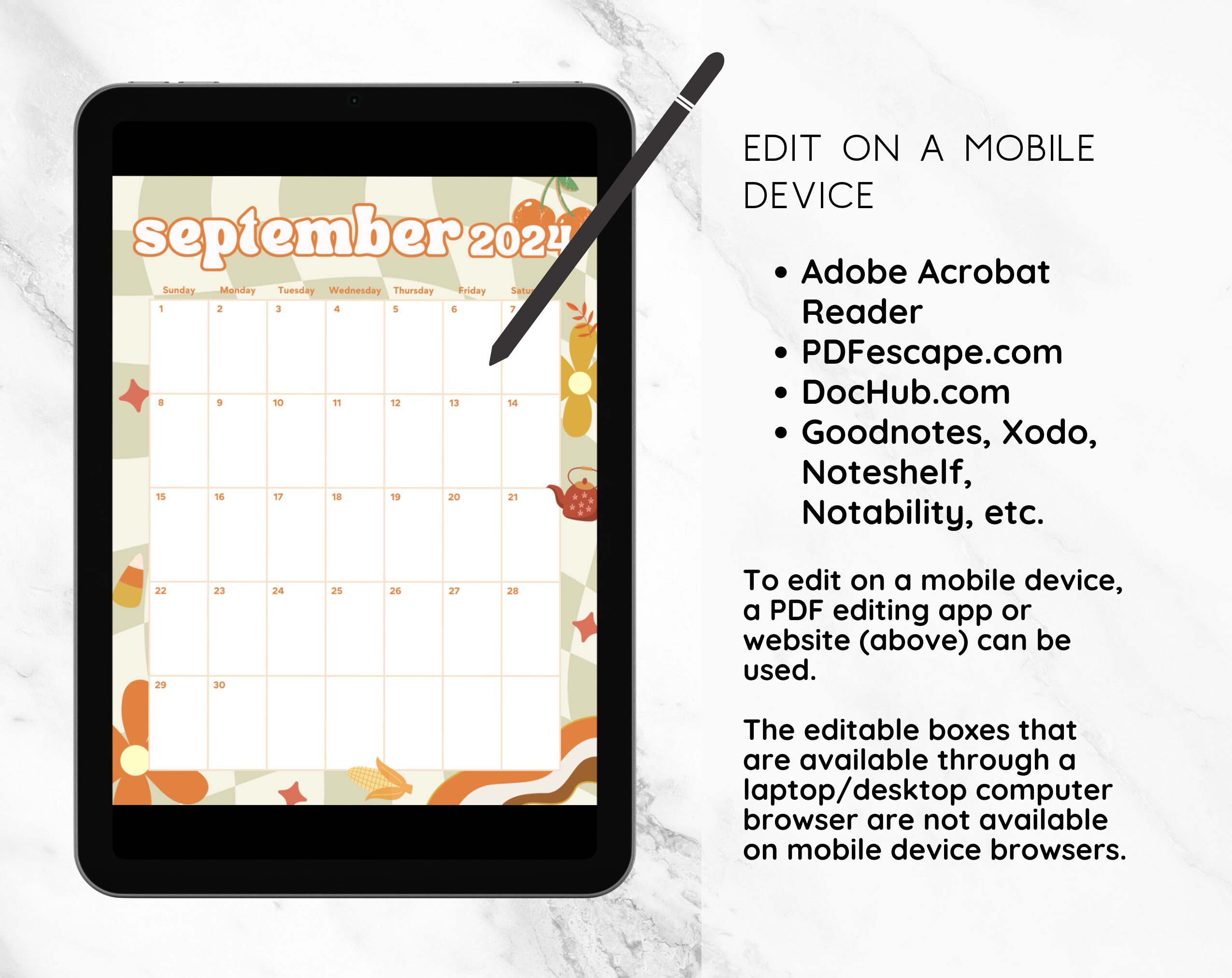 Editable September 2024 Calendar Printable, Retro September 2024 ...
