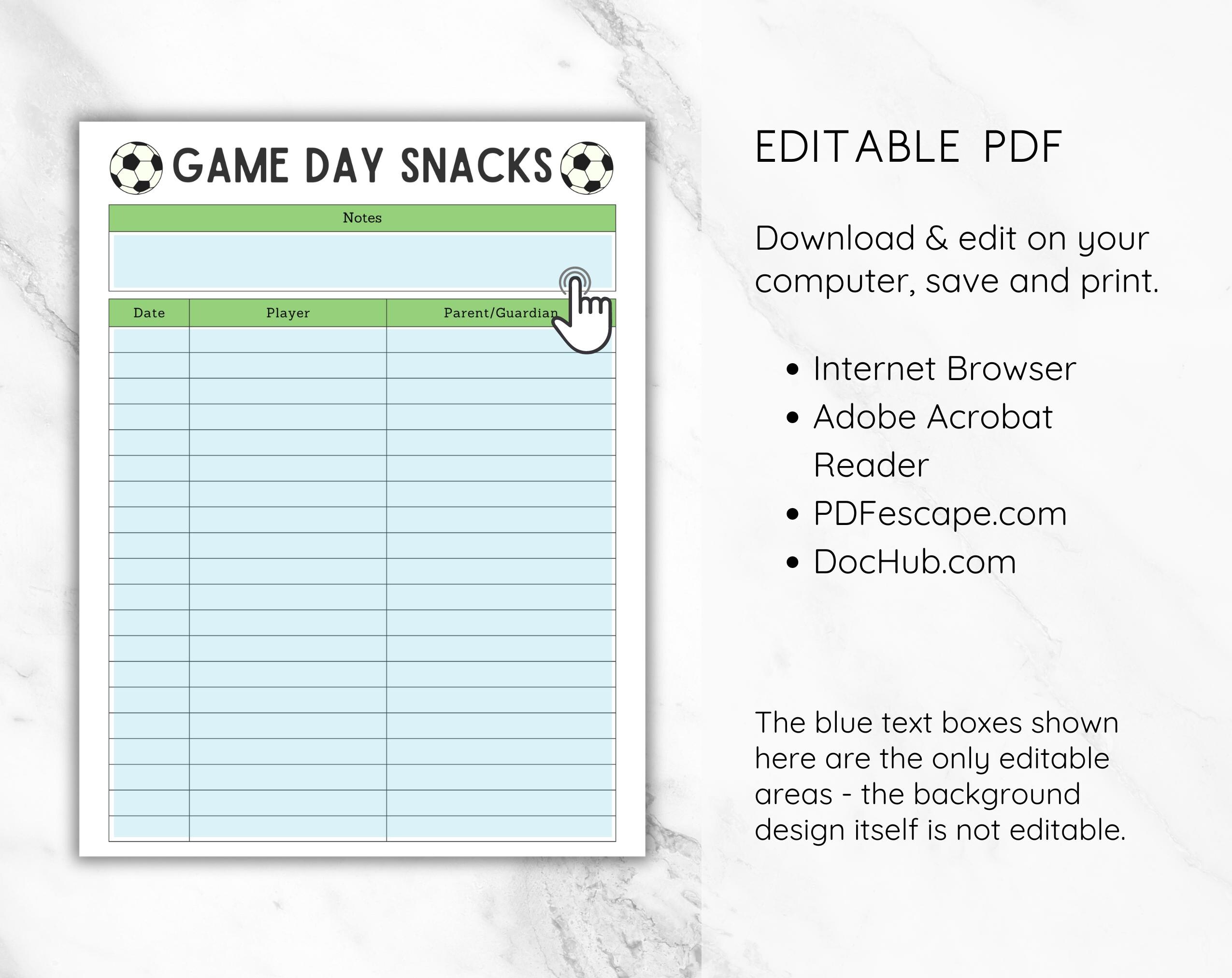 Editable Soccer Snack Sign up Sheet, Google Doc & Editable PDF, Game ...