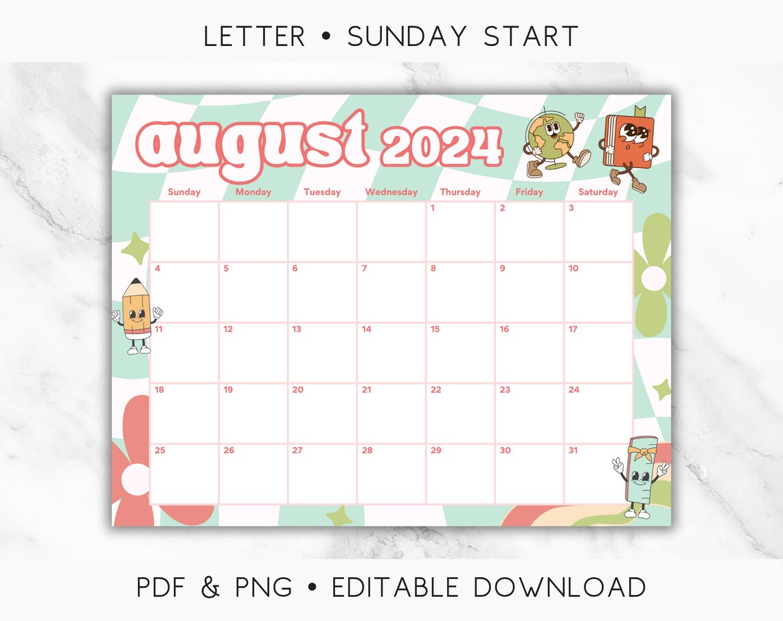 Editable August 2024 Calendar Printable, Retro August 2024 Printable ...