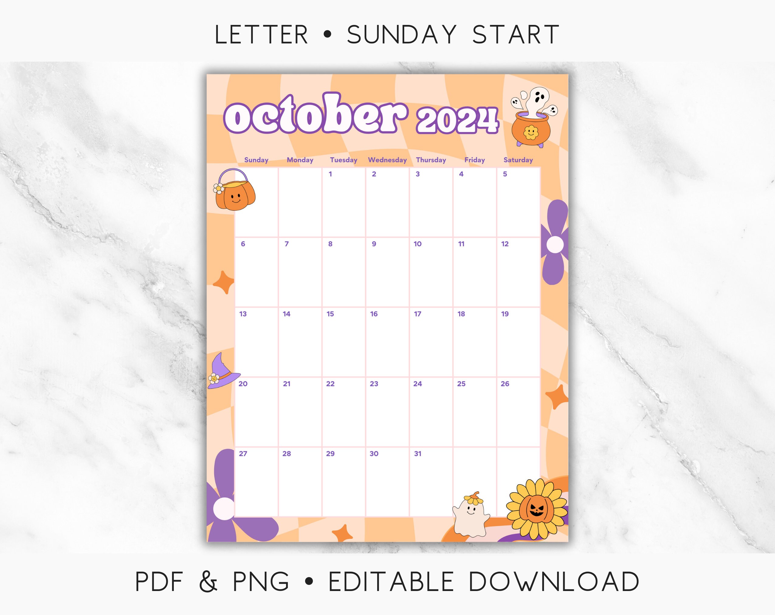 Editable October 2024 Calendar Printable, Retro October 2024 Printable ...