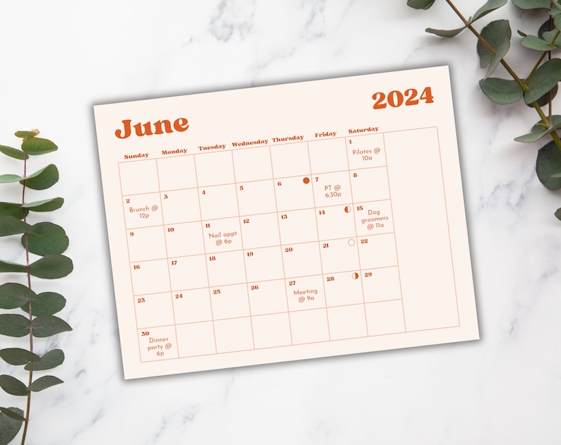 Editable June 2024 Calendar Printable With Moon Phases, Letter, A4 ...