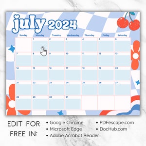Editable July 2024 Calendar Printable, Retro July 2024 Printable ...