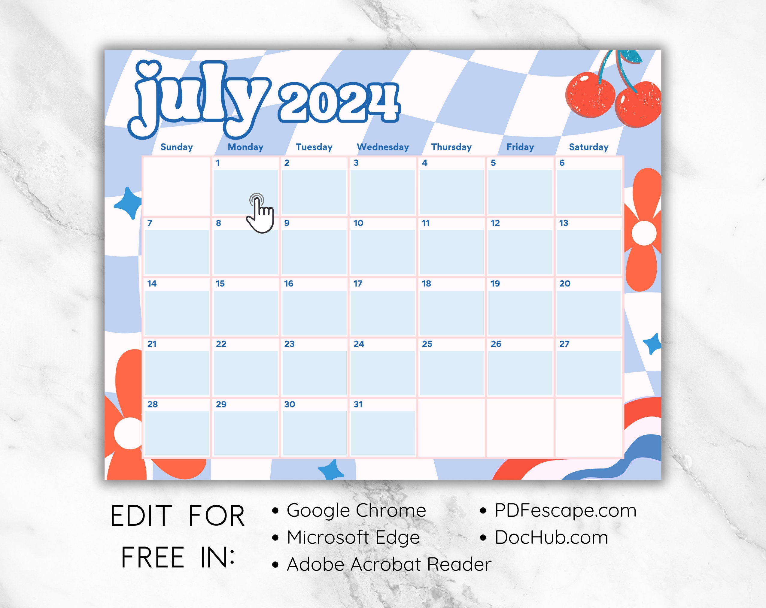 Editable July 2024 Calendar Printable, Retro July 2024 Printable ...