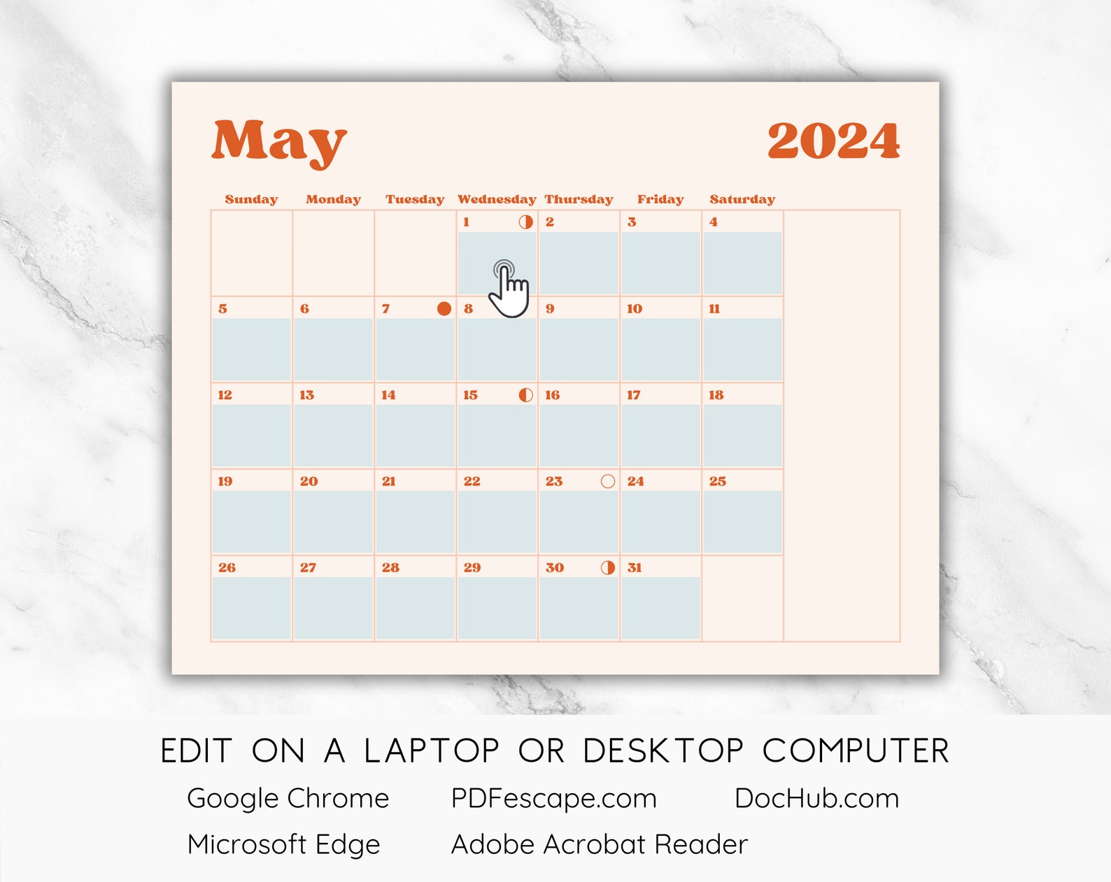 Editable May 2024 Calendar Printable With Moon Phases, Letter, A4 ...