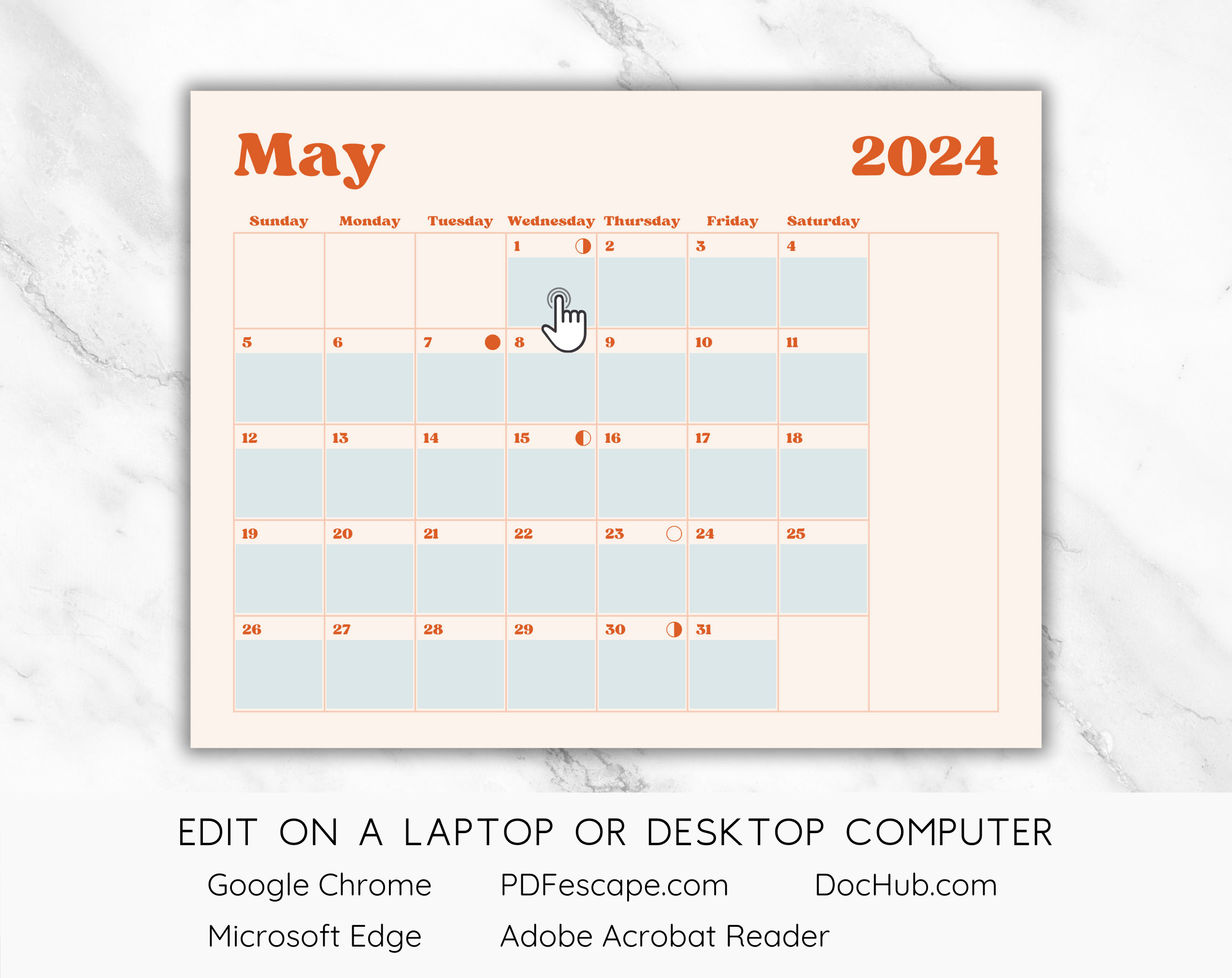 Editable May 2024 Calendar Printable With Moon Phases, Letter, A4 ...