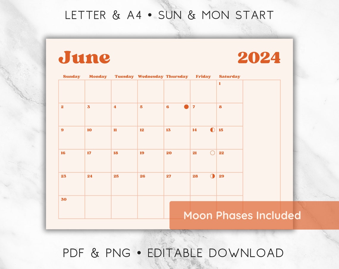 Editable June 2024 Calendar Printable With Moon Phases, Letter, A4 ...