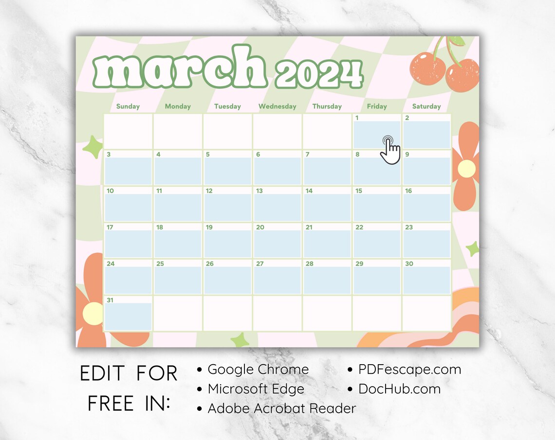 Editable March 2024 Calendar Printable, Retro March 2024 Printable ...