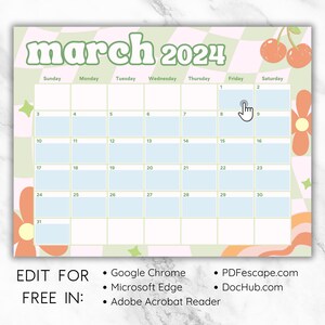 Editable March 2024 Calendar Printable, Retro March 2024 Printable ...