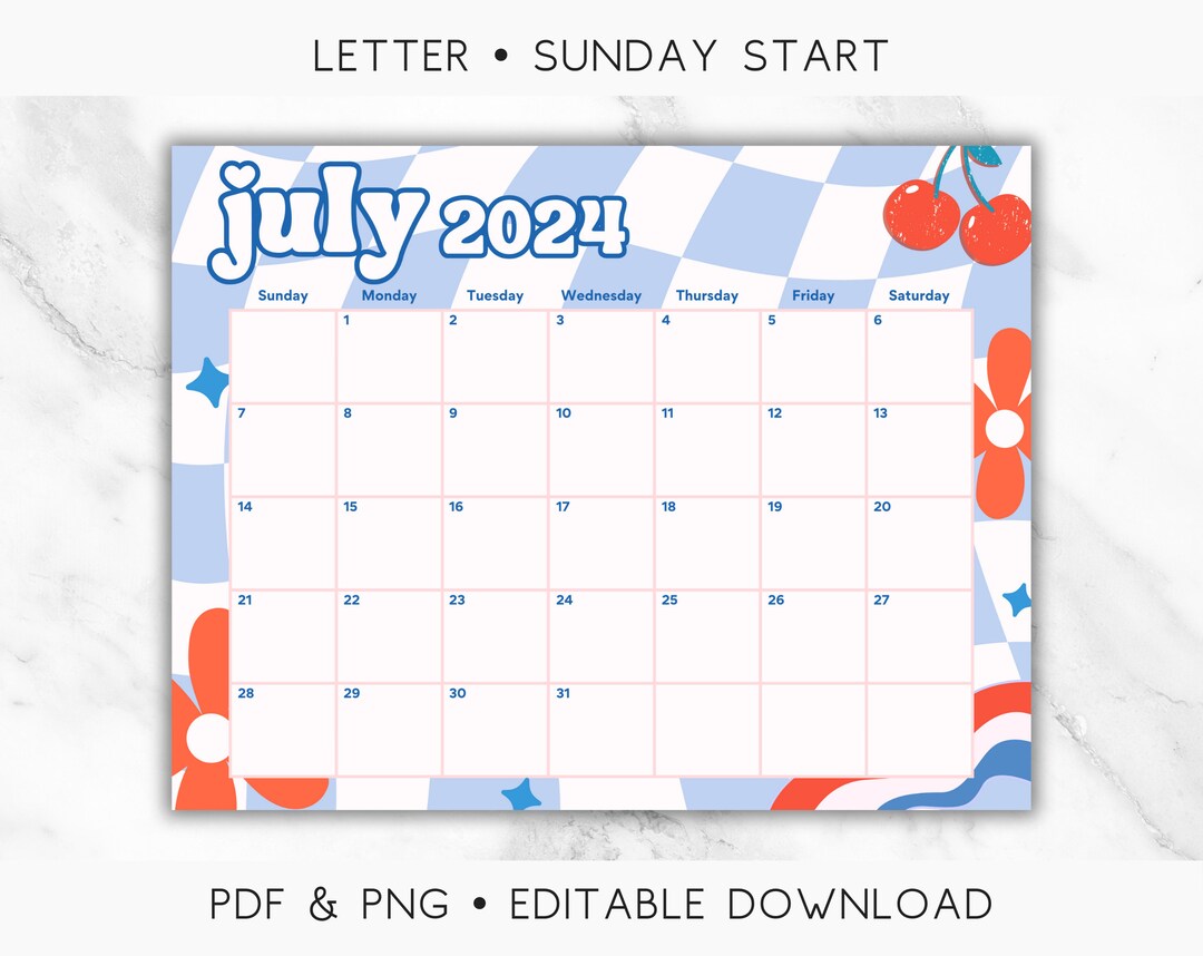 Editable July 2024 Calendar Printable, Retro July 2024 Printable ...