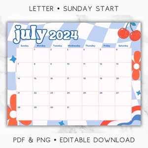 Editable July 2024 Calendar Printable, Retro July 2024 Printable ...