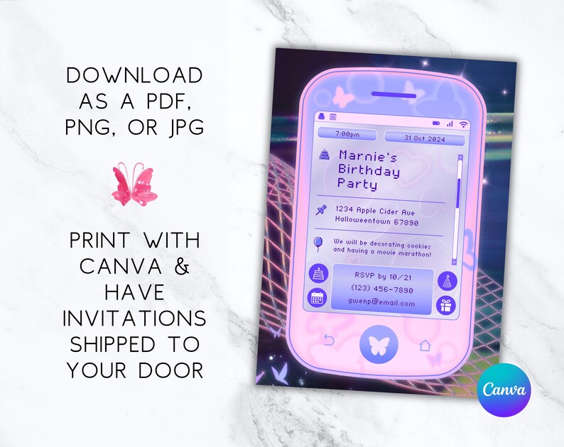 Editable Birthday Invitation Template - Y2K Cybercore, Pink, Purple ...