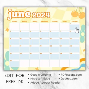 Editable June 2024 Calendar Printable, Retro June 2024 Printable ...