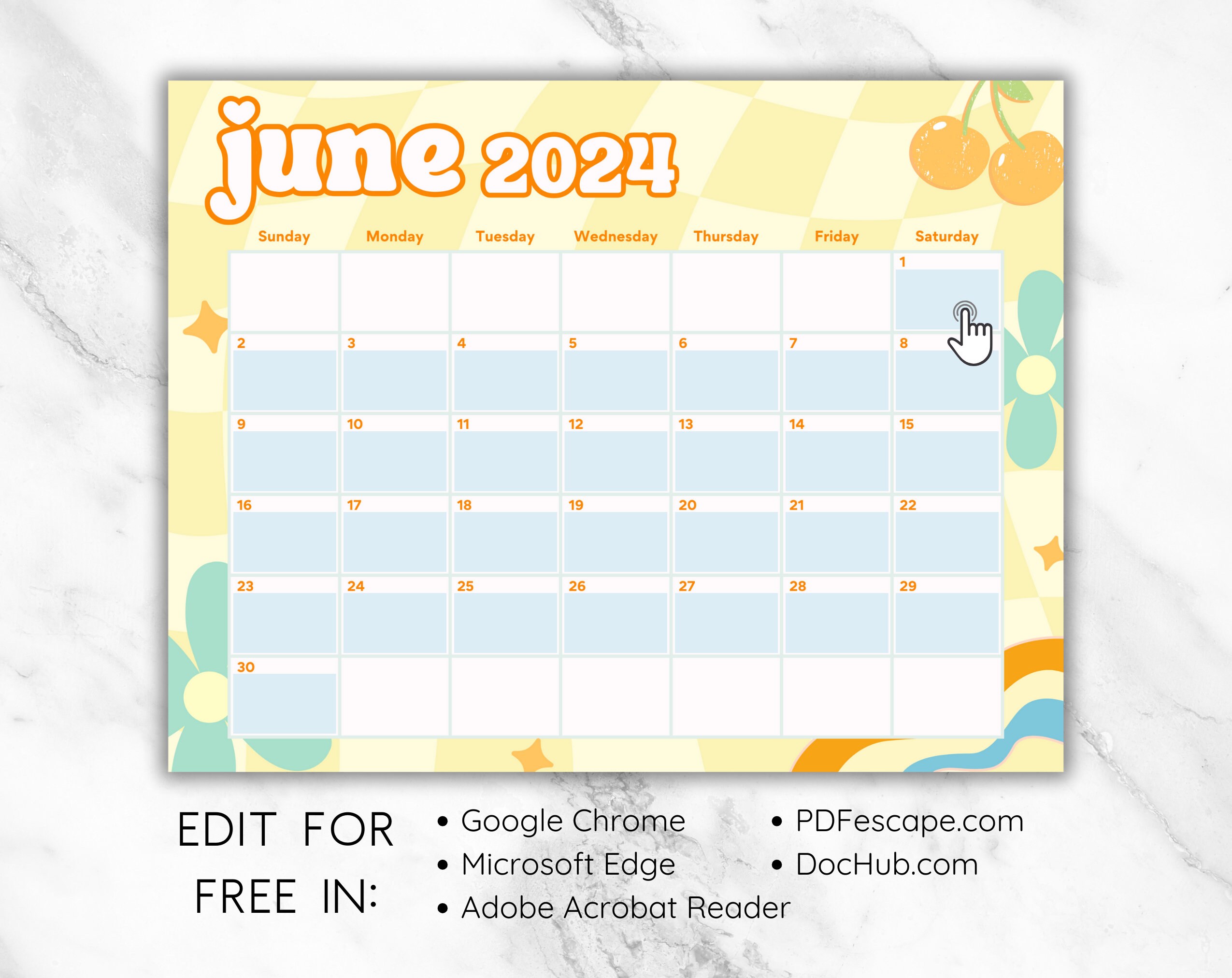 Editable June 2024 Calendar Printable, Retro June 2024 Printable ...