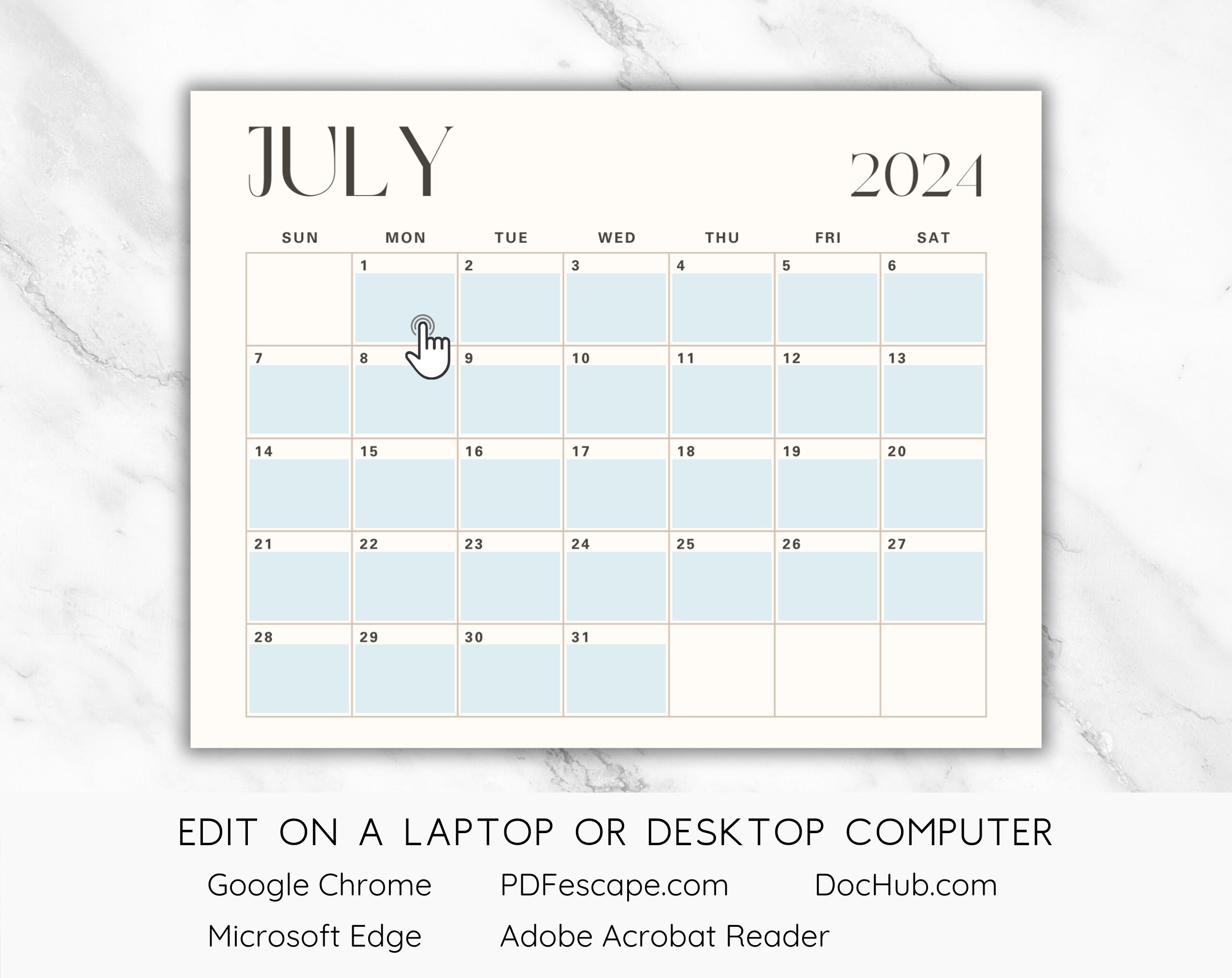 Editable July 2024 Calendar Printable, Simple Modern July 2024 ...